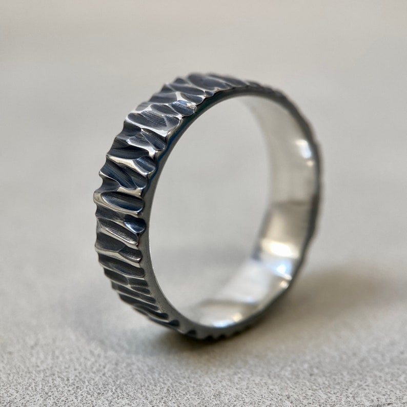 Tree Bark Textured Argentium Silver Ring: Oxidized Industrial Viking ...