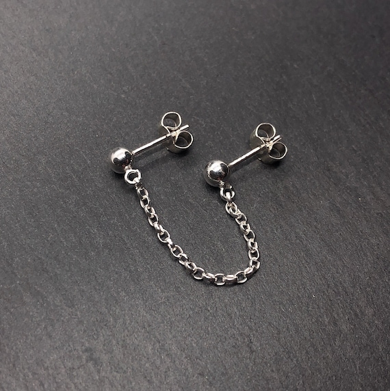 Double Stud Earring Industrial Chain Piercing Sterling | Etsy