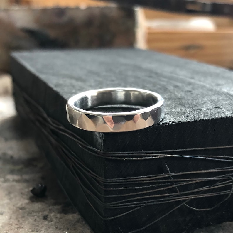 Hammered Stainless Steel Ring - 4mm Wide Band With Polished Hammer ...