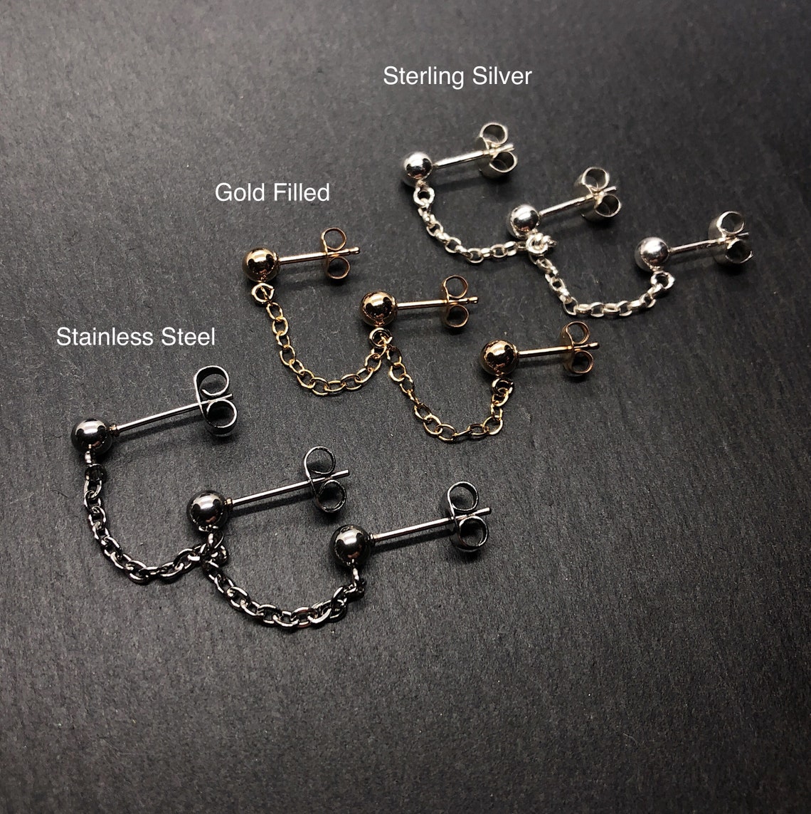 Triple Stud Earlobe Piercing Sterling Silver/gold - Etsy