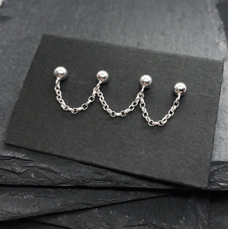 Quad Piercing Chain Earring Four in a Row Connected Ball | Etsy