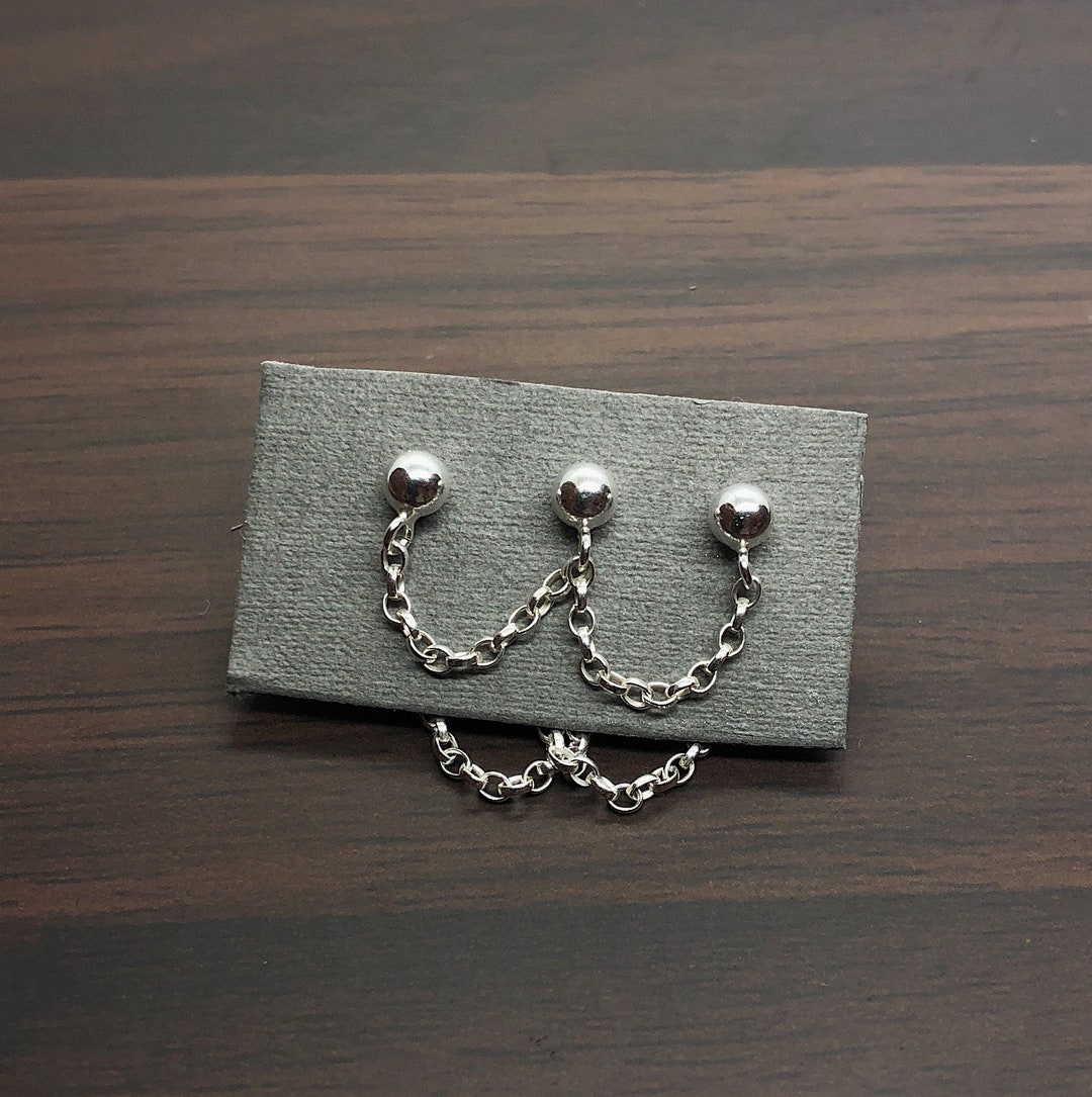Triple Stud Front and Back Behind Ear Chain Earring - Dangle Earlobe ...