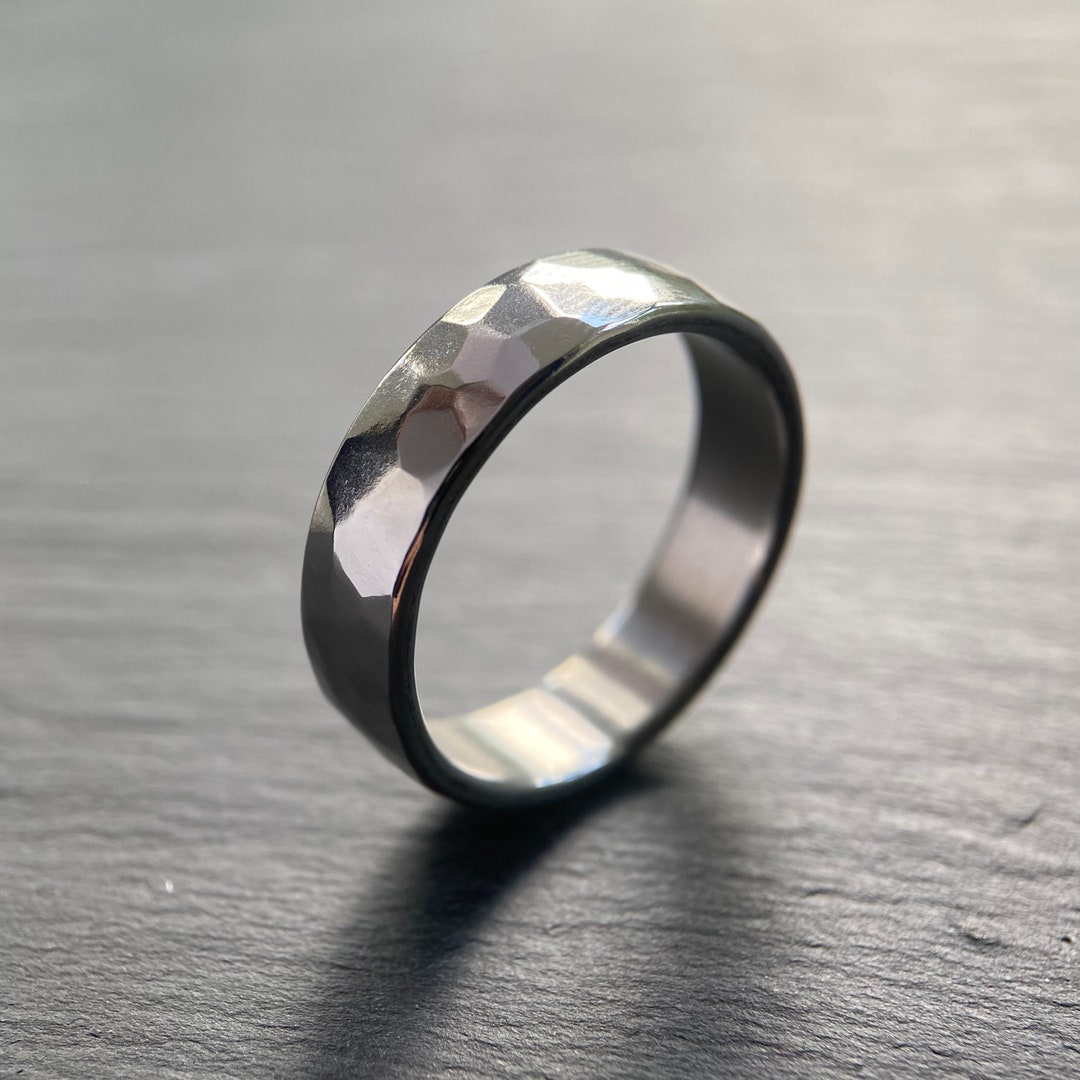 Hammered Stainless Steel Ring - 6mm Wide Band With Polished Hammer ...