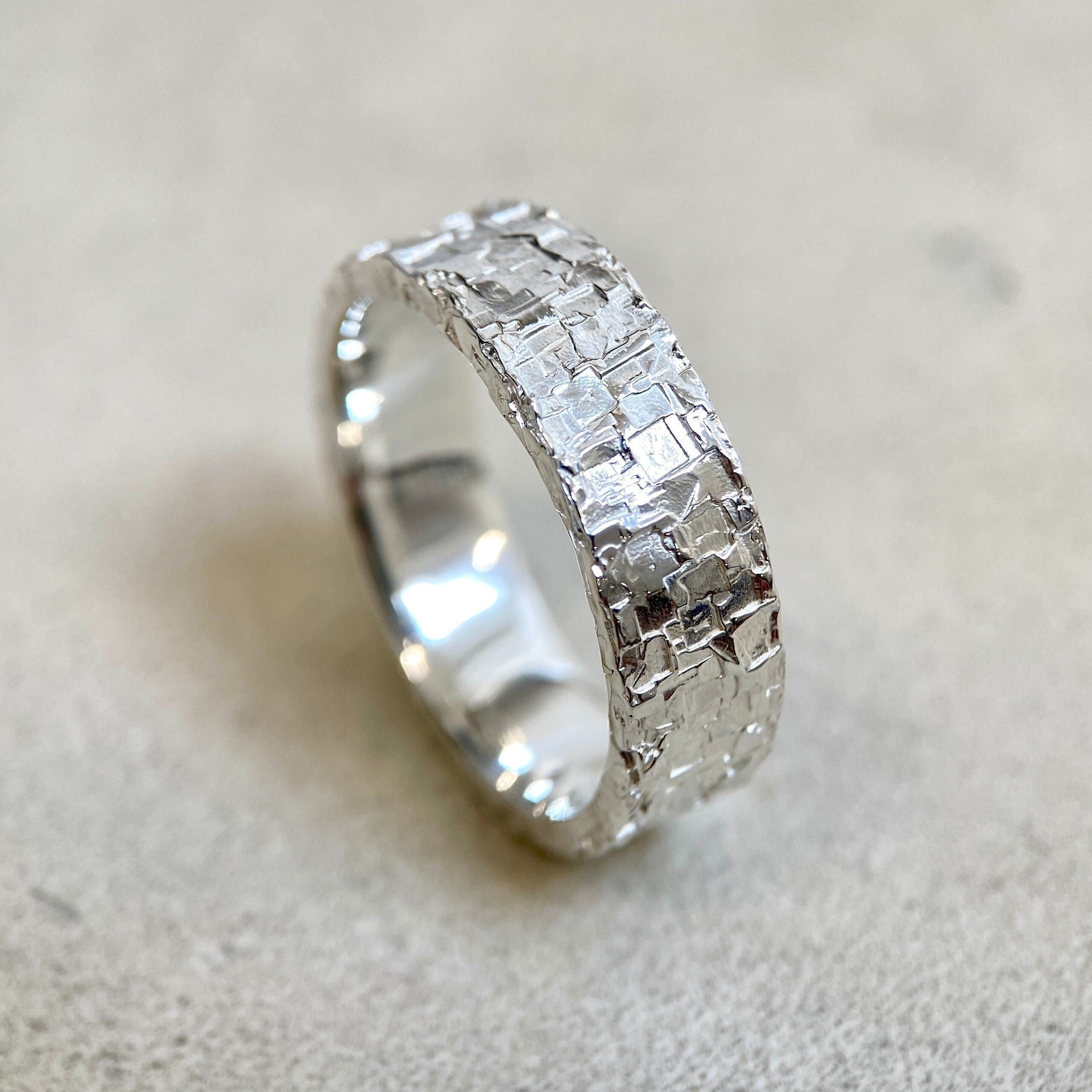 Square Hammered Argentium Silver Ring - 935 - Heavily Hammered Textured ...