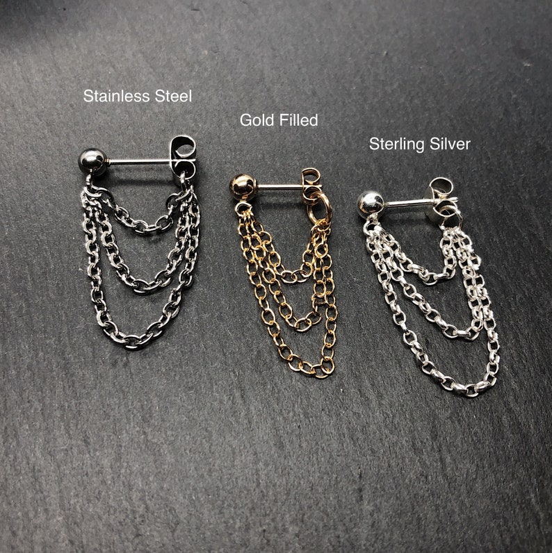Front to Back Chain Earrings - Triple Chain Dangle Chandelier Studs ...