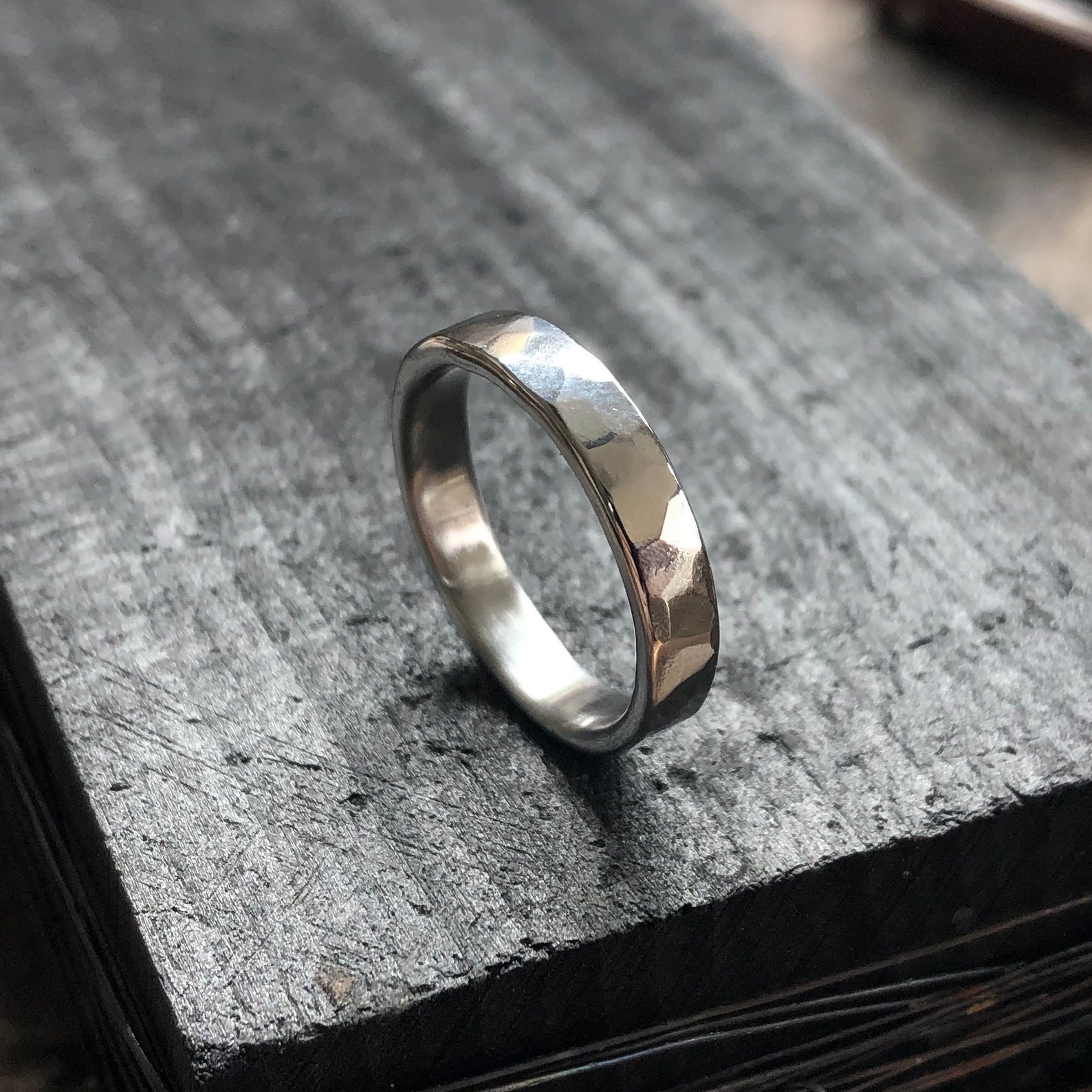 Hammered Stainless Steel Ring - 4mm Wide Band With Polished Hammer ...