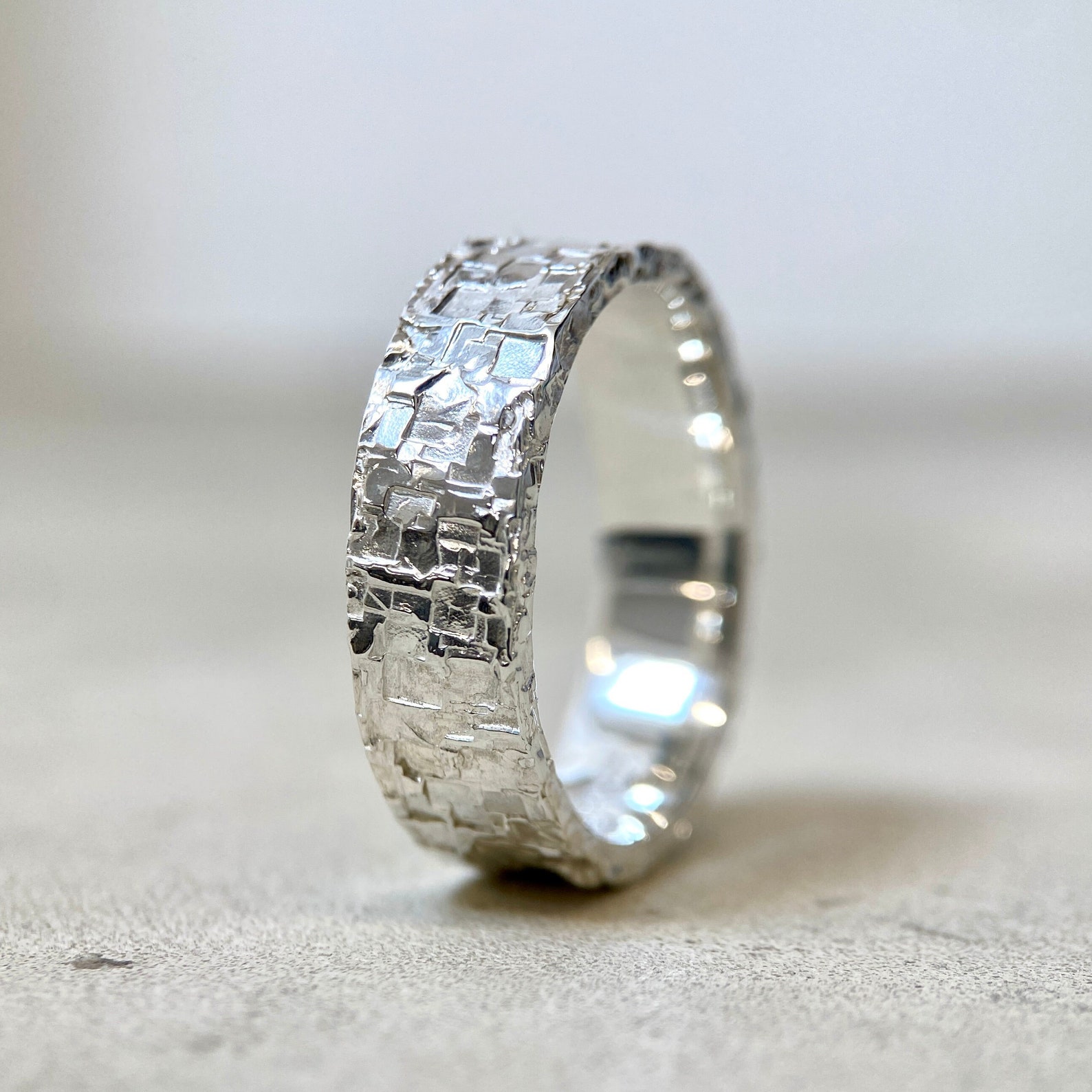 Square Hammered Argentium Silver Ring - 935 - Heavily Hammered Textured ...