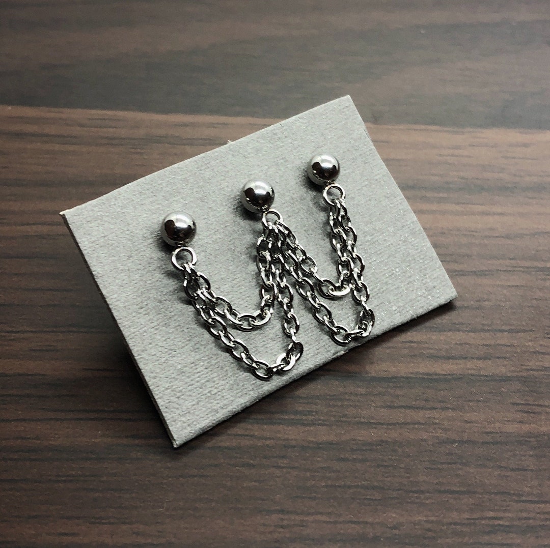 Triple stud Double chain earring dangle earlobe climber piercing ...