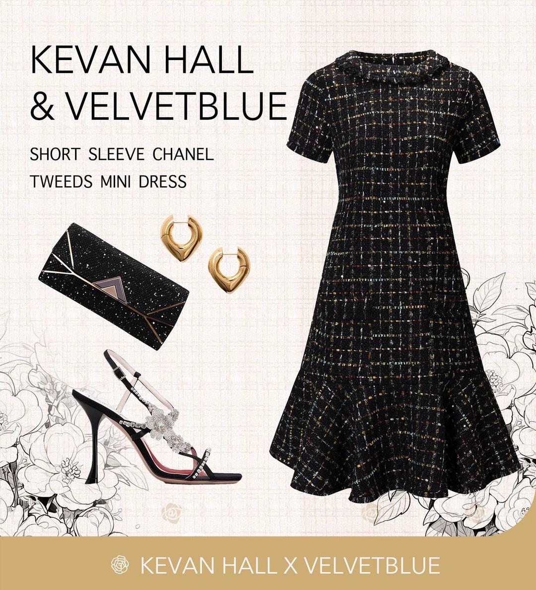Kevan Hall - Onyx Metallic Tweed Short Sleeve Chanel Mini Dress | Women's Winter White Metallic ...