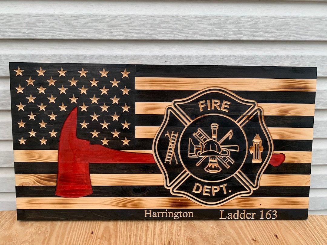 Fireman Badge and Axe Thin Red Line Wood American Flag, Graduation ...