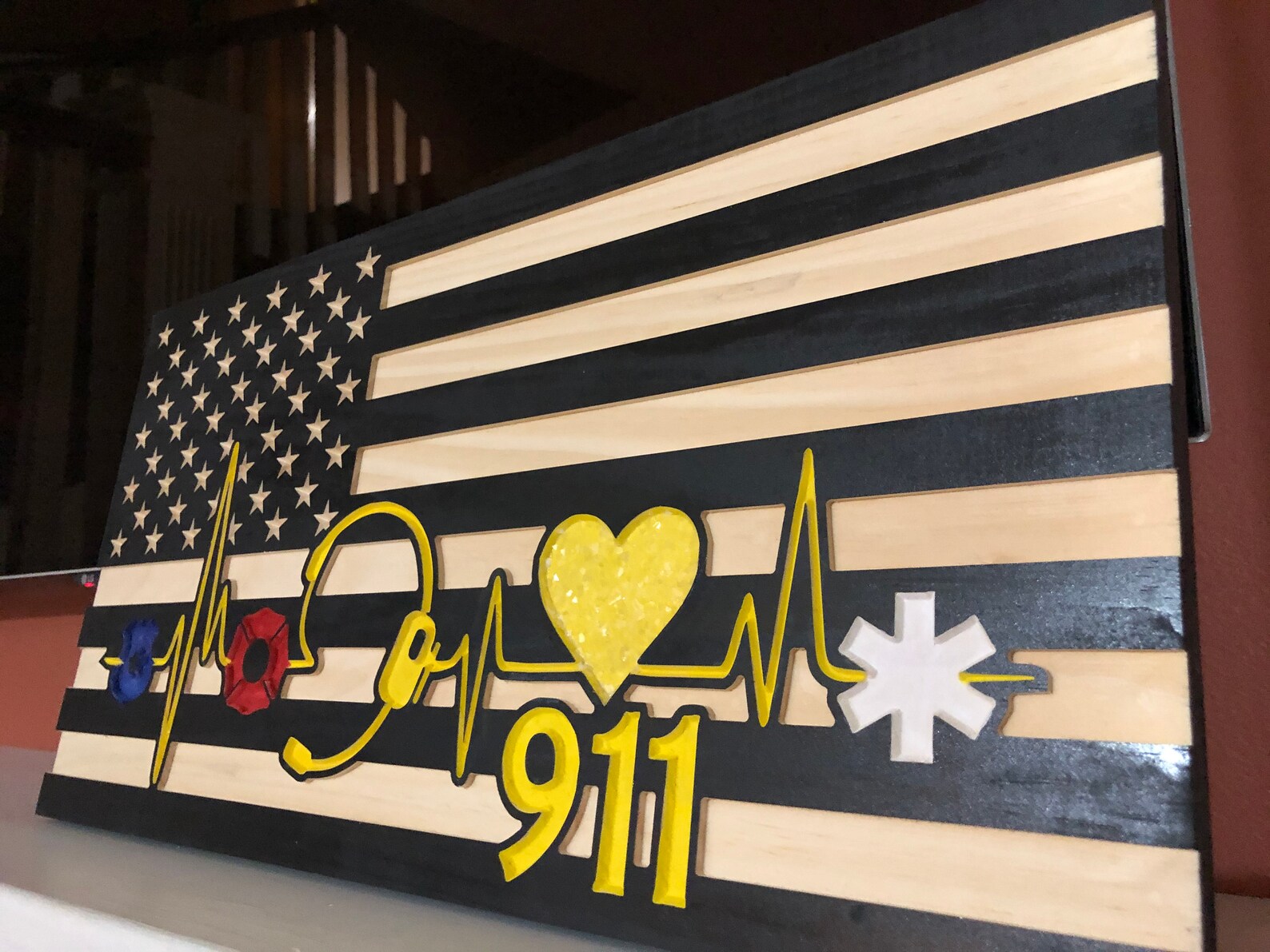 911 Dispatcher Subdued American Wooden Flag First Responder - Etsy