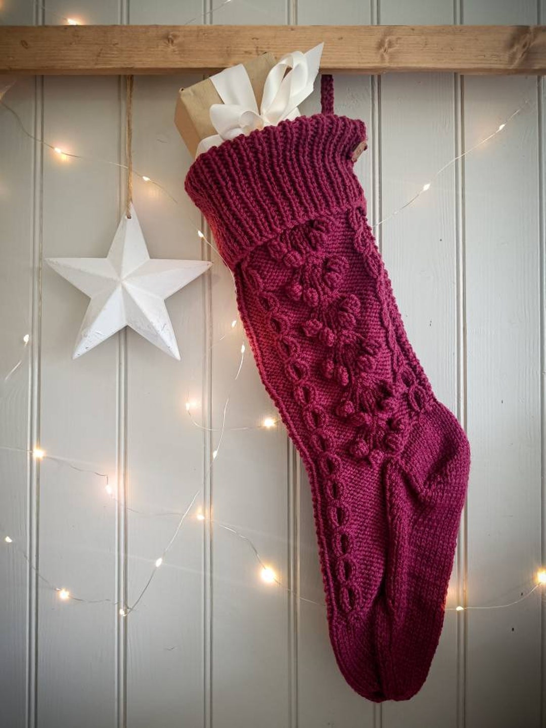 Hand-knitted Christmas Stocking. Vintage Style Aran Wool. Plum. Cable ...