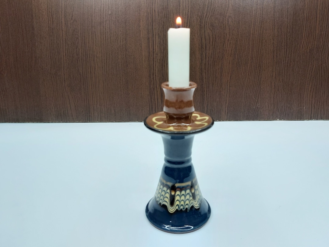 Vintage Hand-painted Pottery Candlestick: Bulgarian Clay Taper Holder ...