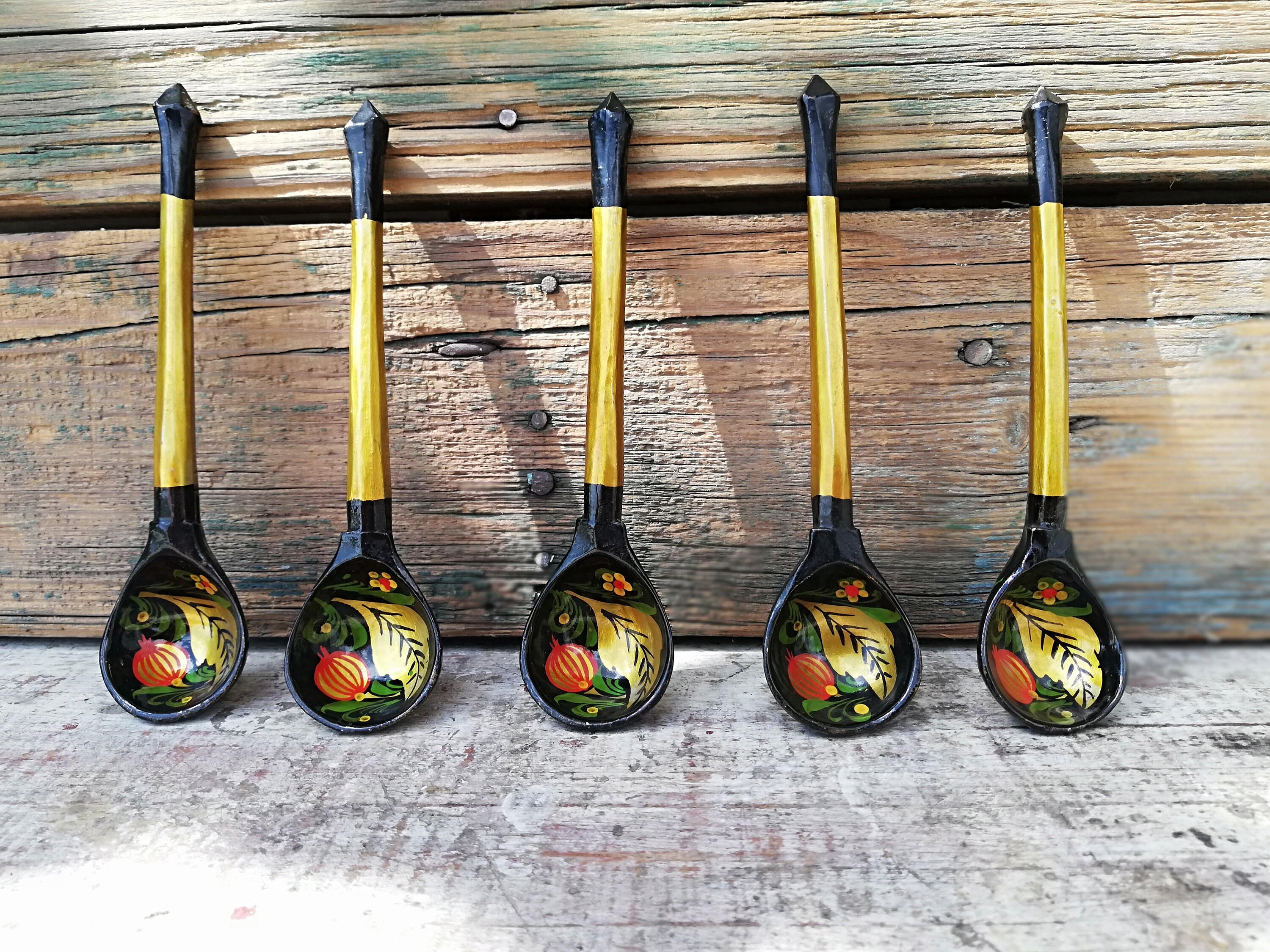 Hand-drawn Vintage Russian Wooden Spoons - Set of Five Painted Spoons ...