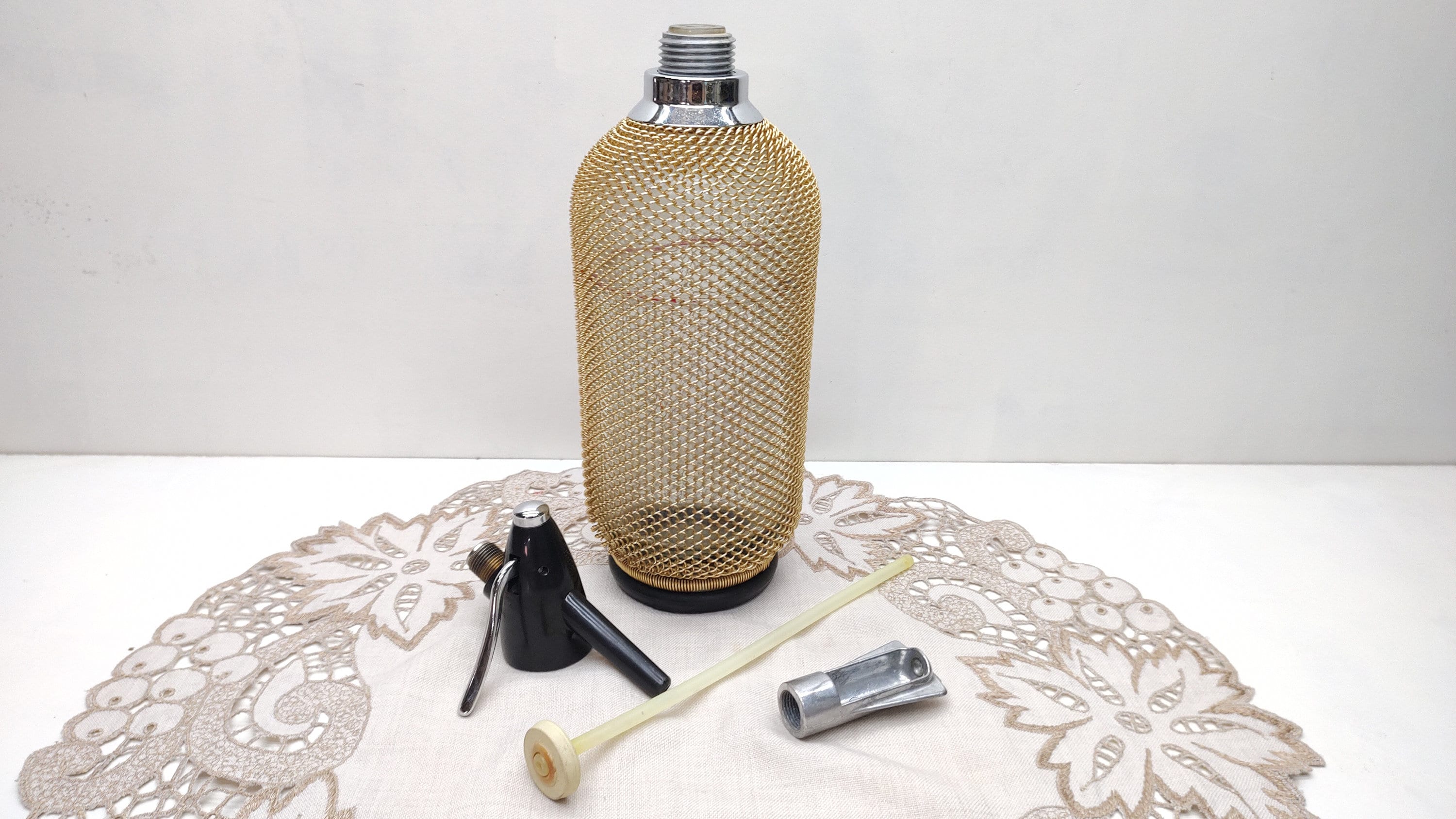 Vintage Syphon Seltzer Bottle Gold Mesh Glass Bottle Sparkling Water ...