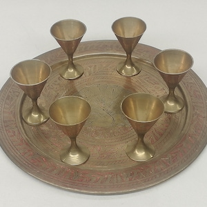 Vintage Decorative Brass Set - Six Small Brass Goblets and Serving Tray ...