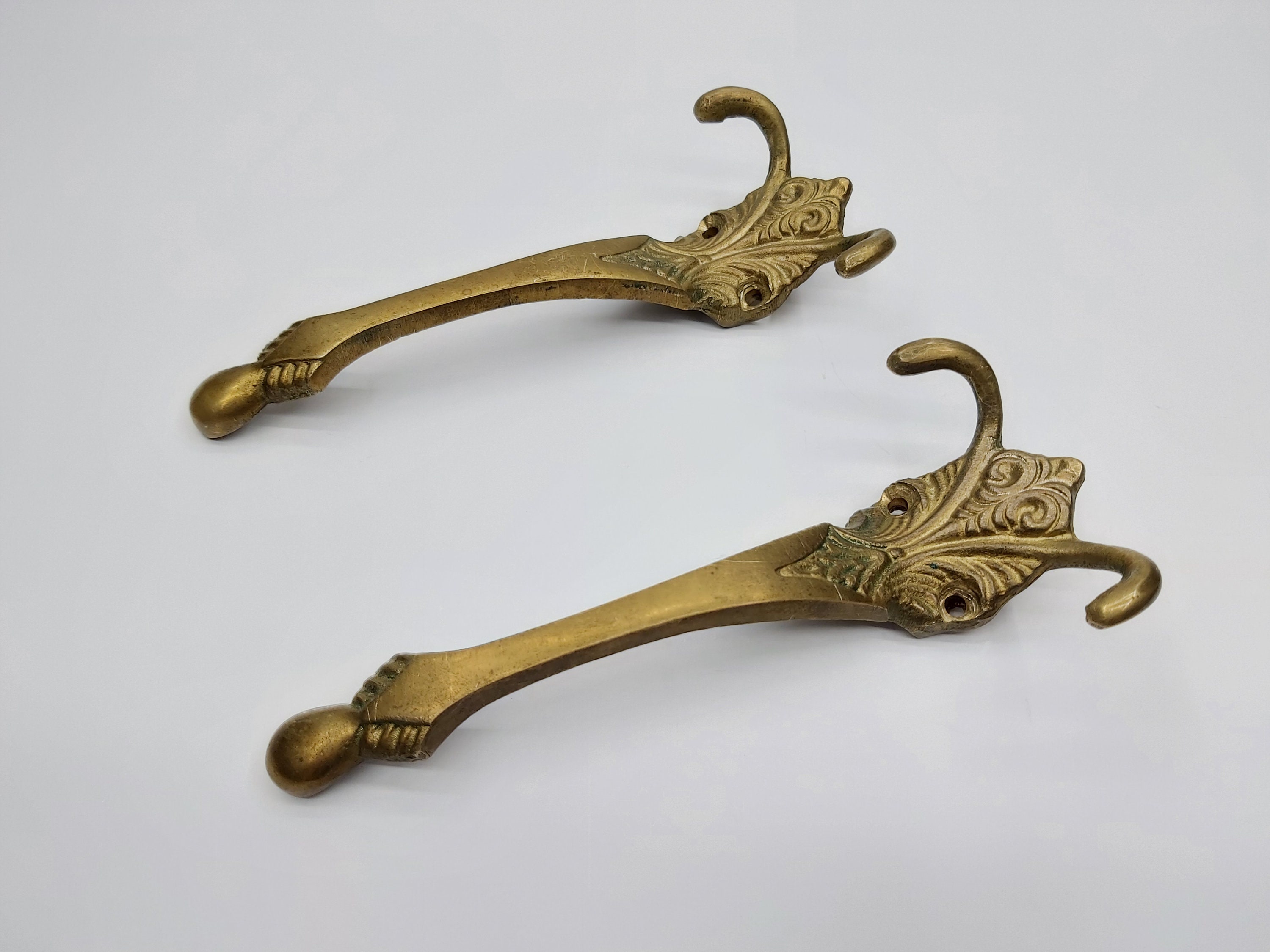 Vintage Set of 2 Brass Wall Hooks Long Metal Ornate Coat Racks Triple ...