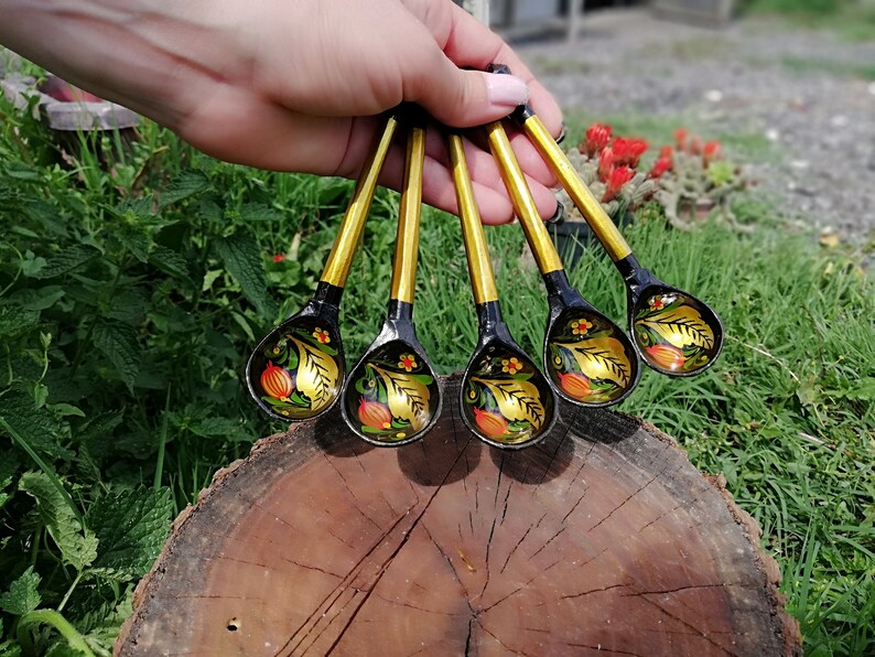 Hand-drawn Vintage Russian Wooden Spoons Set of Five Painted - Etsy