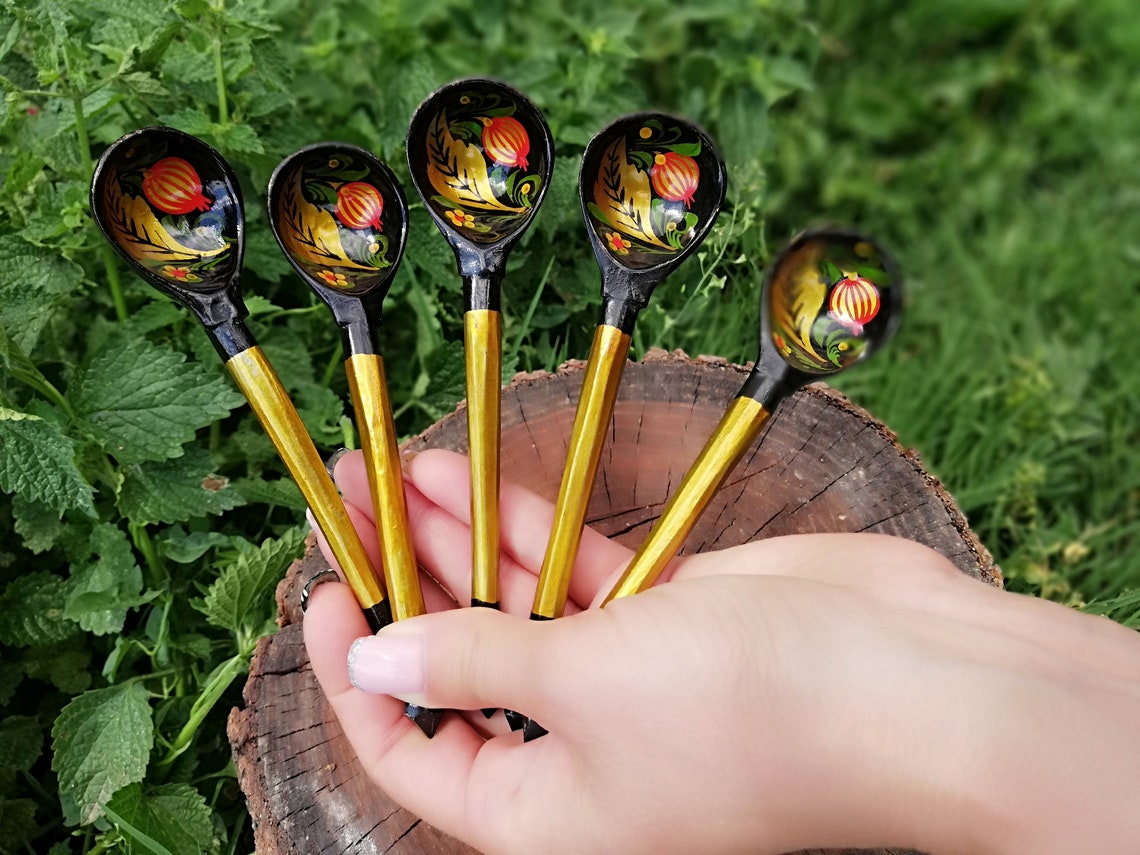 Hand-drawn Vintage Russian Wooden Spoons Set of Five Painted - Etsy
