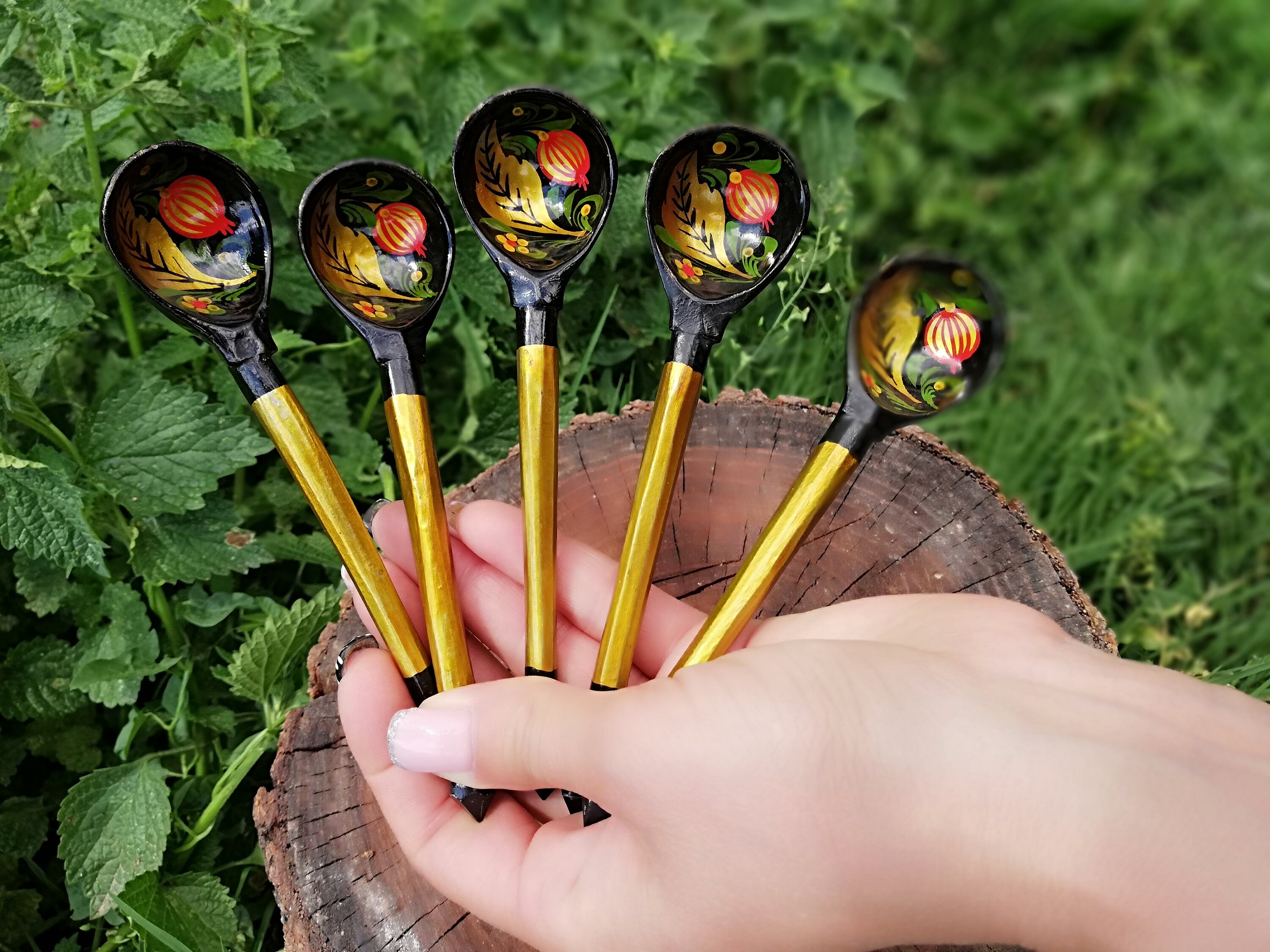 Hand-drawn Vintage Russian Wooden Spoons - Set of Five Painted Spoons ...