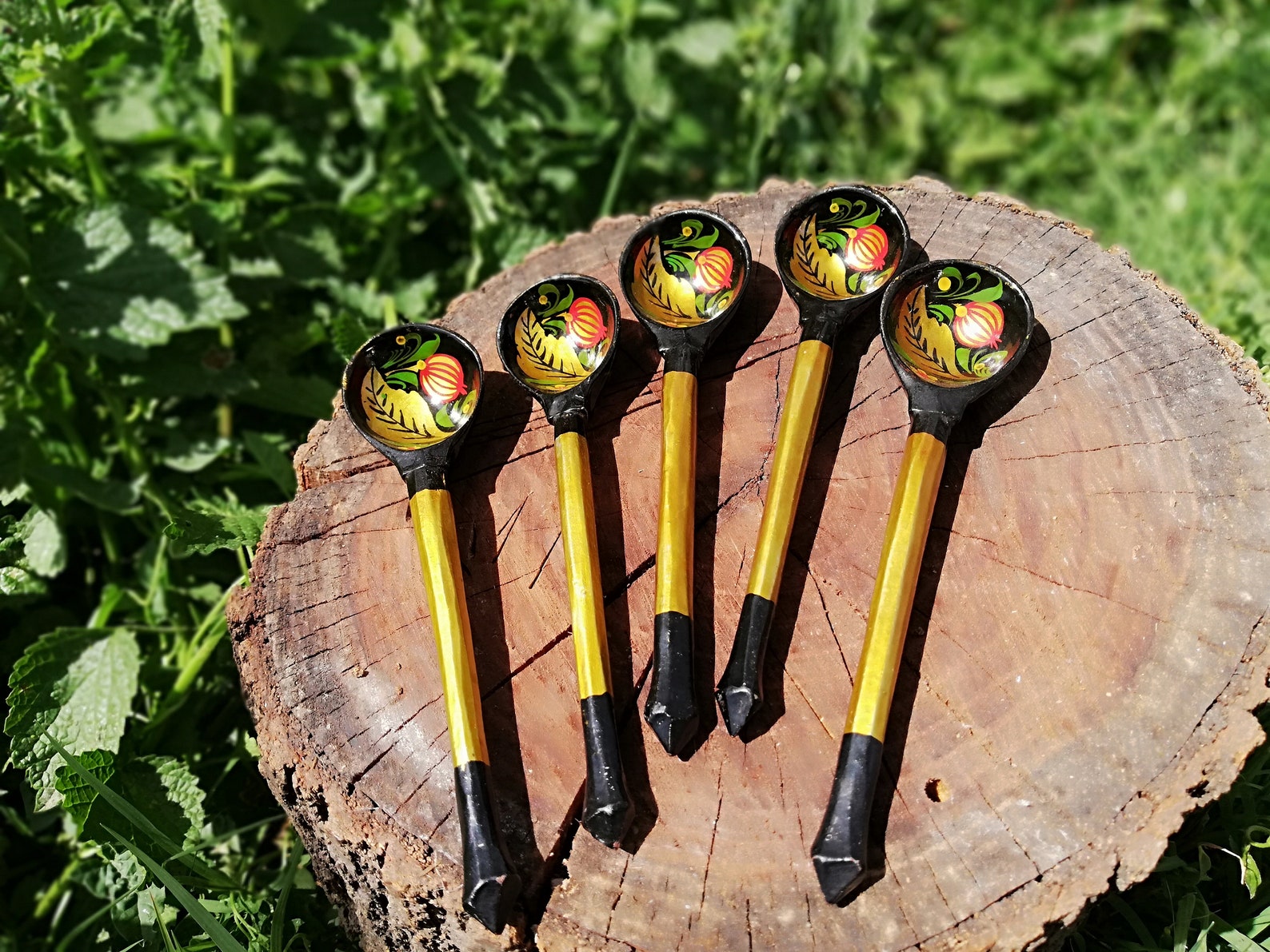 Hand-drawn Vintage Russian Wooden Spoons - Set of Five Painted Spoons ...