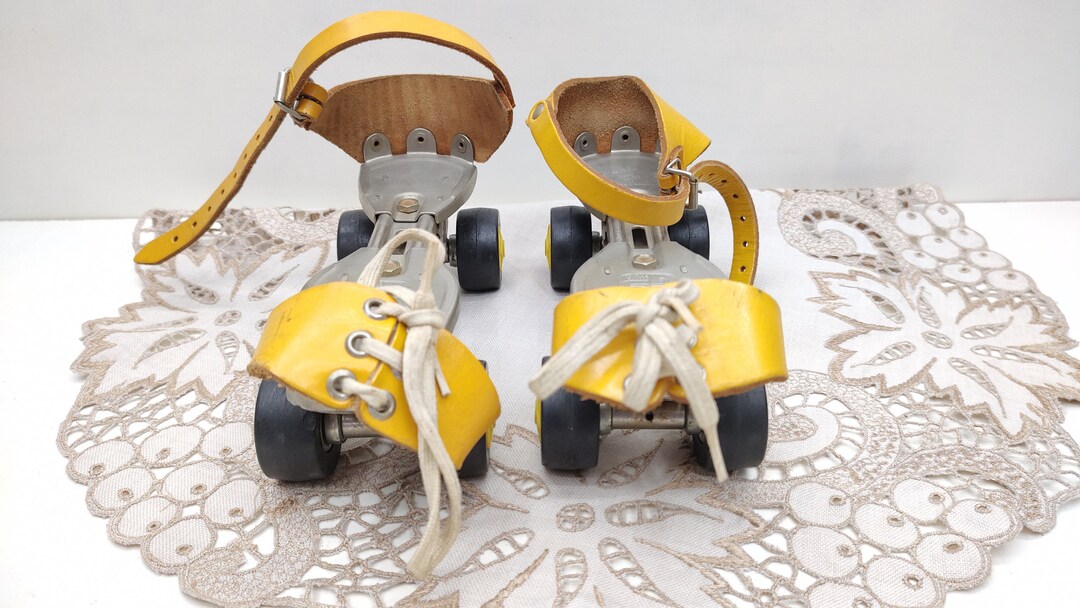 Vintage Roller Skates - Adjustable Metal Skates - Yellow Leather Straps ...