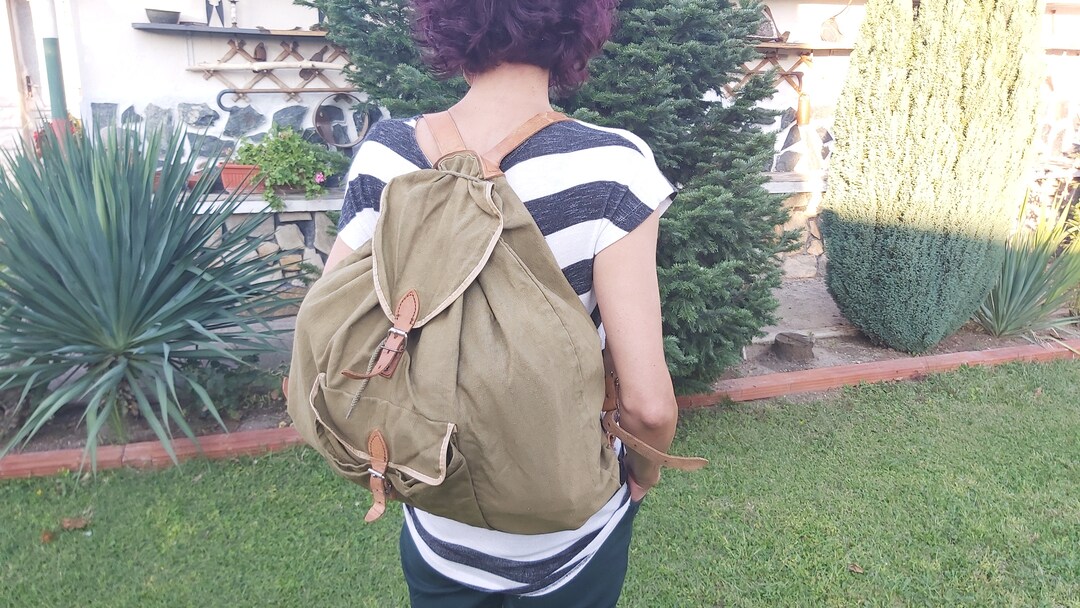 Vintage Canvas Rucksack - Military Backpack - Haversack With Leather ...