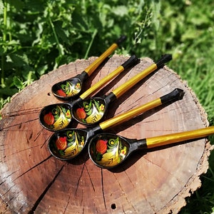 Hand-drawn Vintage Russian Wooden Spoons - Set of Five Painted Spoons ...