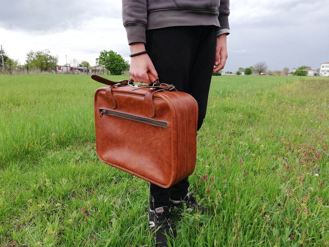 Vintage Brown Leather Suitcase: 70s Retro Travel Case - Etsy