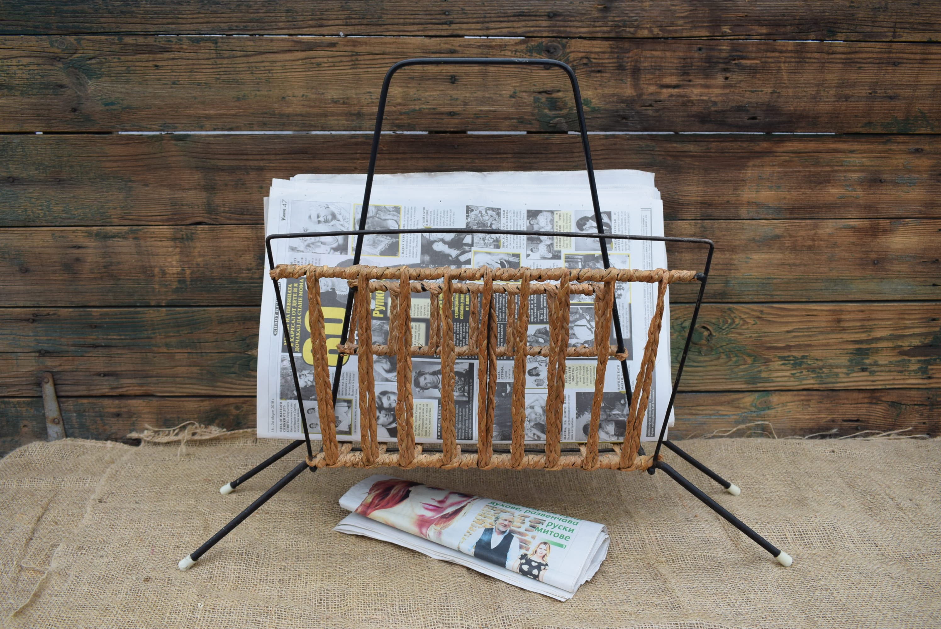 Vintage Stand for Newspaper Metal Stand With Hand-woven Jute Old ...
