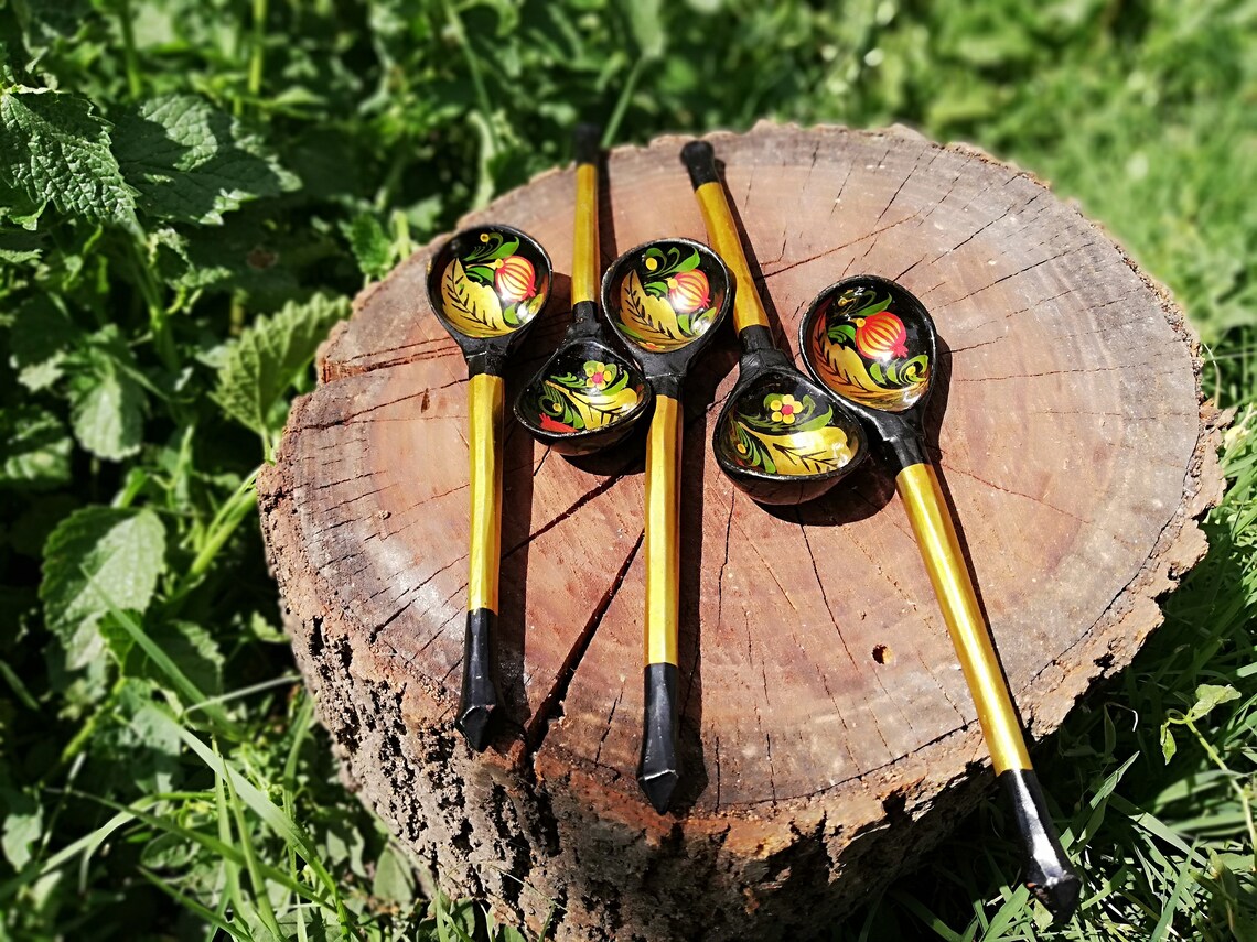 Hand-drawn Vintage Russian Wooden Spoons Set of Five Painted - Etsy