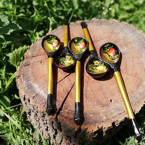 Hand-drawn Vintage Russian Wooden Spoons - Set of Five Painted Spoons ...