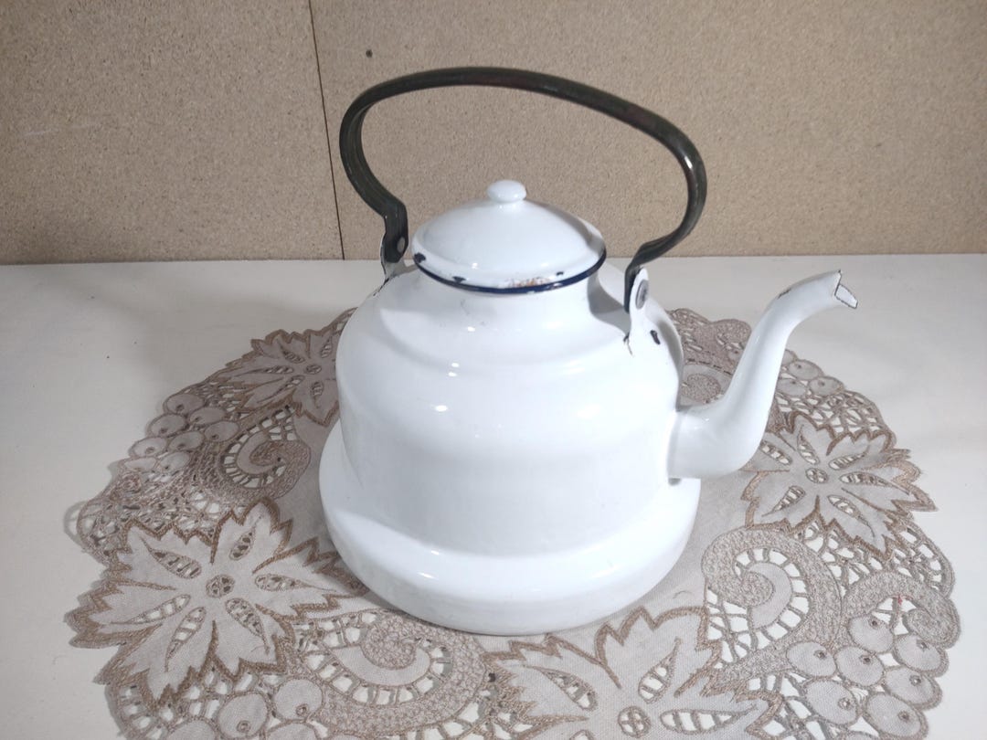 Vintage Enamel Teapot - Shabby Chic Metal Tea Kettle - Rustic Pot With ...