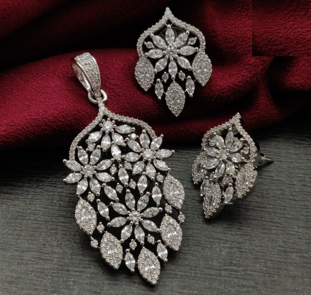 Silver CZ Pendant Set/ Cocktail Cubic Zirconia Pendant With Stud ...
