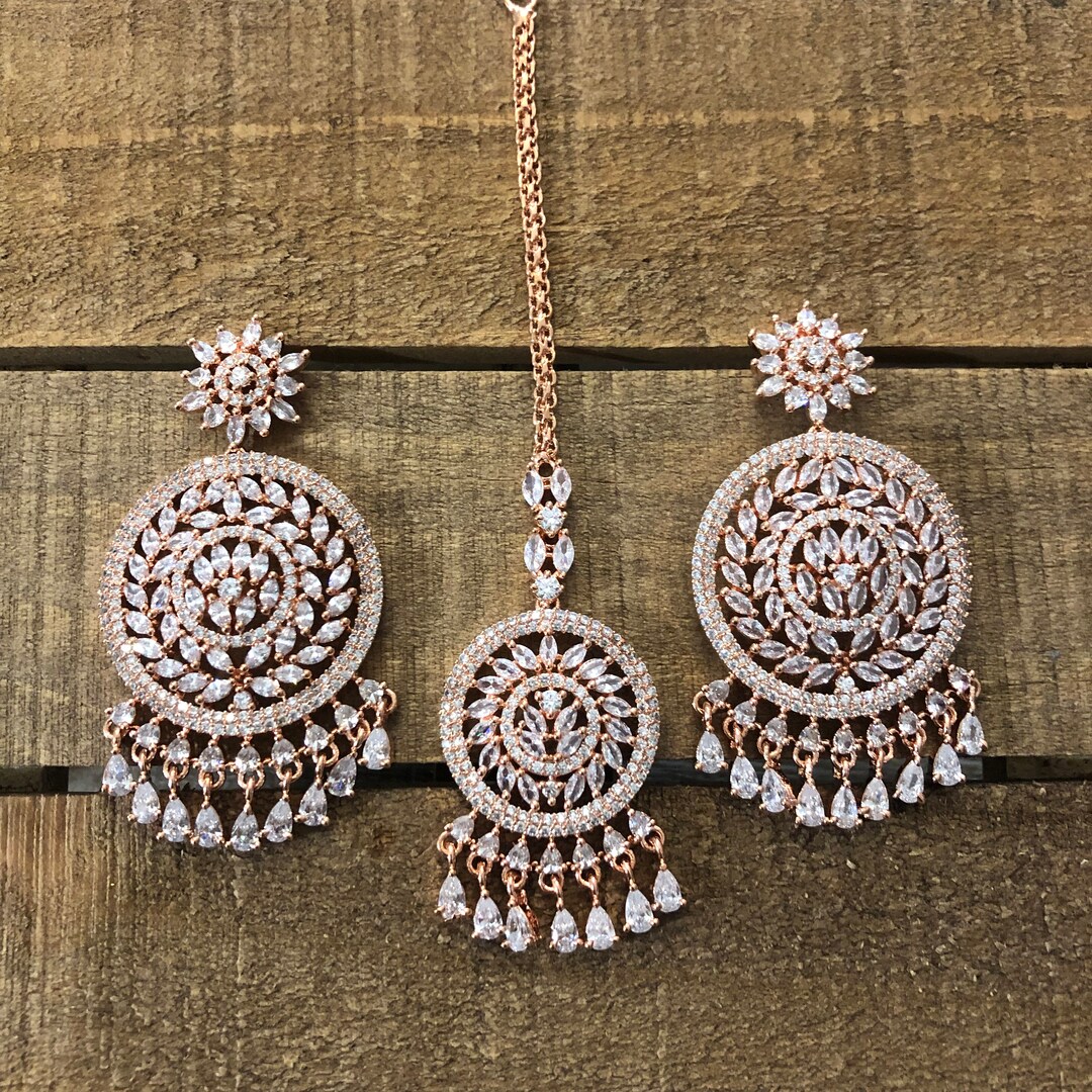 Rose Gold Mang Tika Earrings Combo Set / Silver Rhodium CZ Long ...