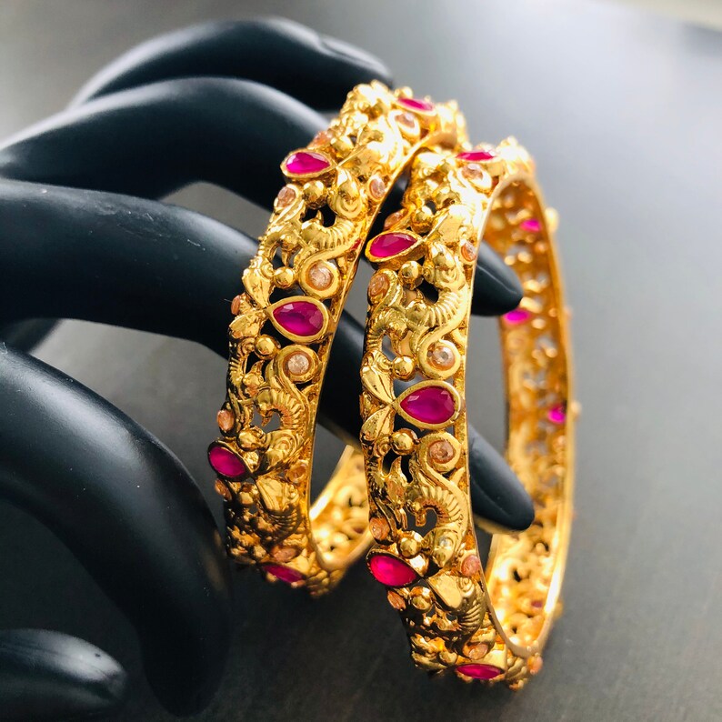 Handcarved Golden Ruby Bangles: Indian Bridal Jewelry - Etsy