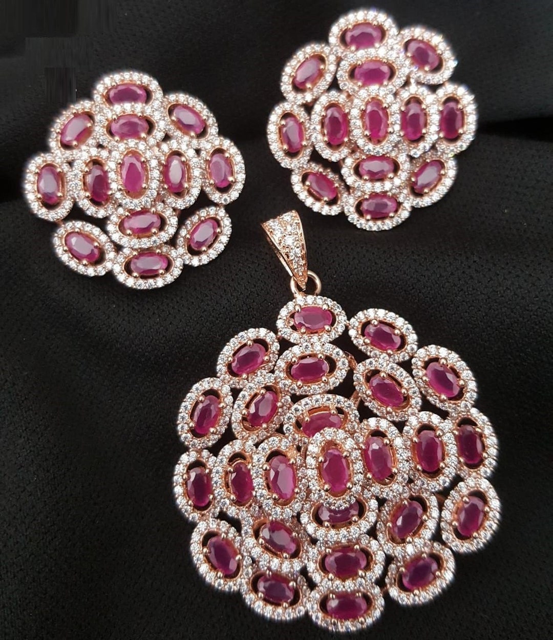 Rose Gold Ruby CZ Pendant Set, Designer Cocktail Jewelry - Etsy