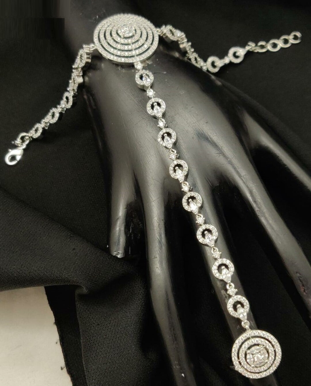 Silver Cubic Zirconia Hand Bracelet/ Designer CZ Crystal Hathphool ...