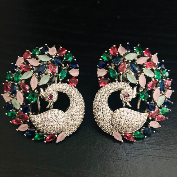 Rose Gold CZ Peacock Studs Green Cubic Zirconia Peacock Studs Multicolor Kemp Stone Studs Silver CZ Studs Ruby Cubic Zirconia Earring Etsy