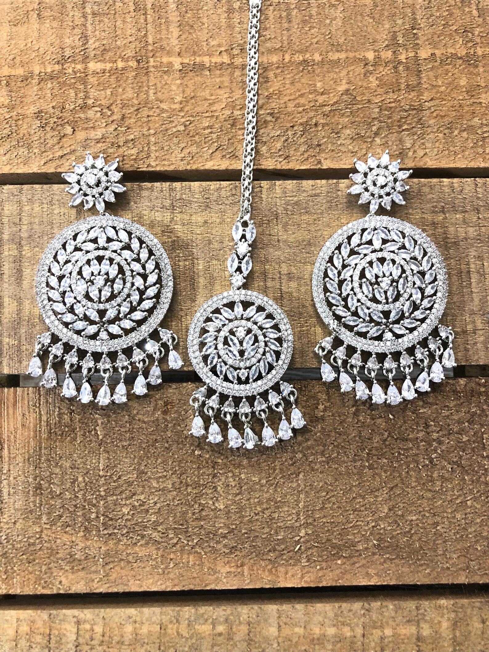 Rose Gold Mang Tika Earrings Combo Set / Silver Rhodium CZ Long ...