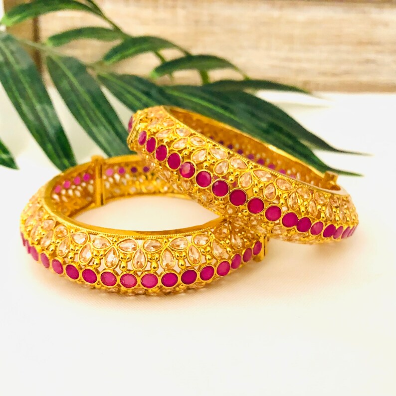 Ruby Pink Polki Bangles, CZ Indian Wedding Jewelry - Etsy
