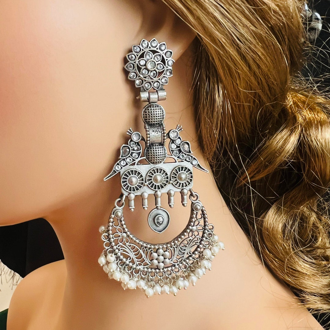 Long Oxidized Silver Antique Chandbali Earrings / Silver Oxidized ...