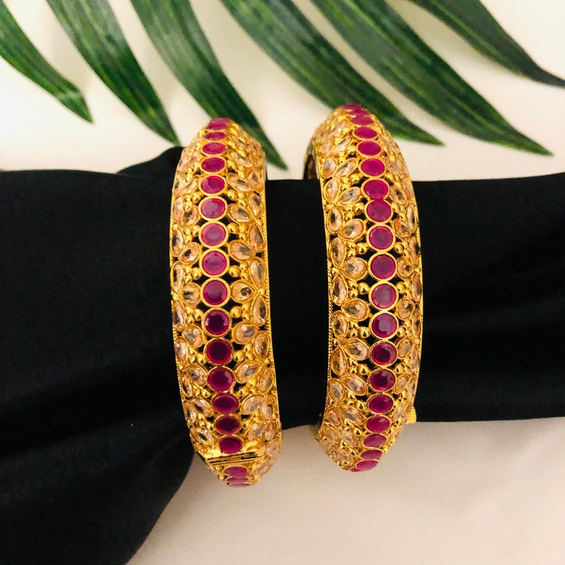 Ruby Pink Polki Bangles, CZ Indian Wedding Jewelry - Etsy