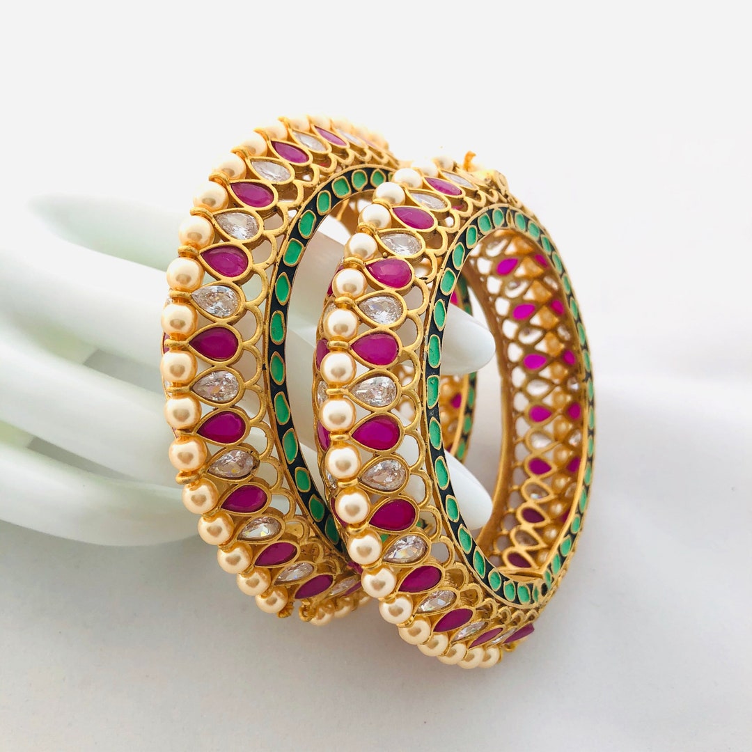 Kundan Bangle Set: Ruby, Pearl, and Green Meenakari, Indian Jewelry - Etsy