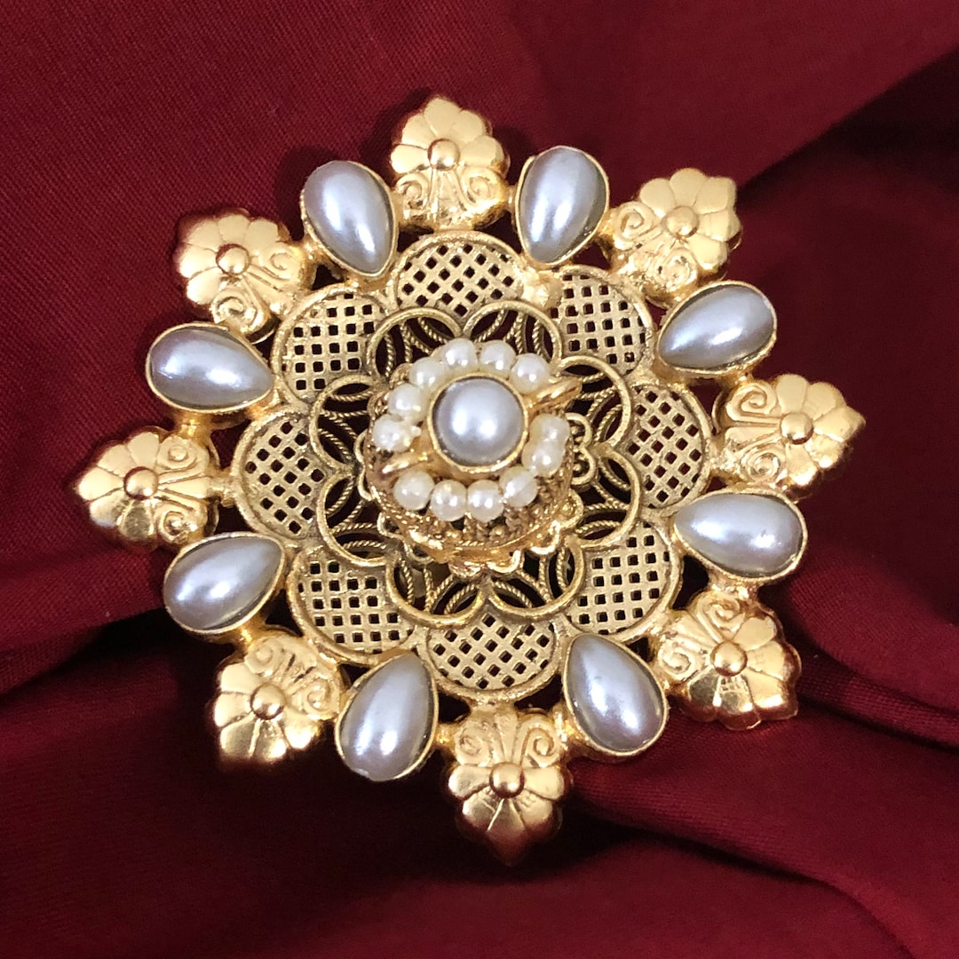 Golden Jadau Statement Ring / Sabyasachi Pearl Ring / Matte Gold ...