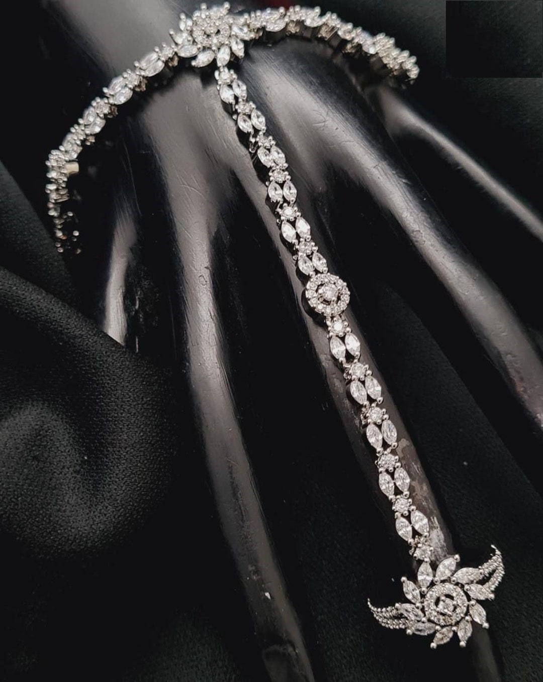 Silver Cubic Zirconia Hand Bracelet/ Designer CZ Crystal Hathphool ...