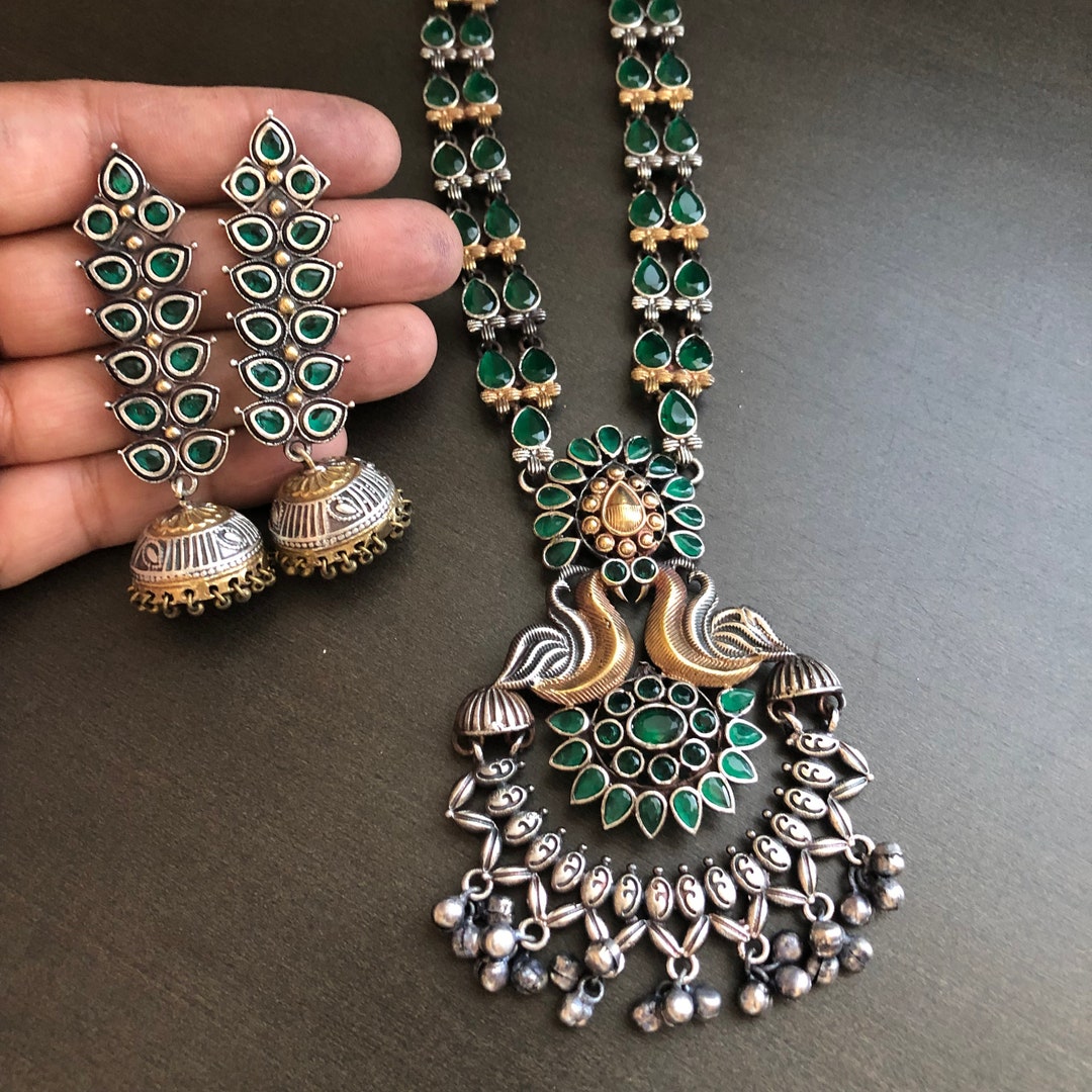 Dual Tone Oxidized Silver Necklace Green Statement Ethnic Necklace White Two Tone Necklace Green Amrapali Inspired Pink Tribal Necklace Etsy