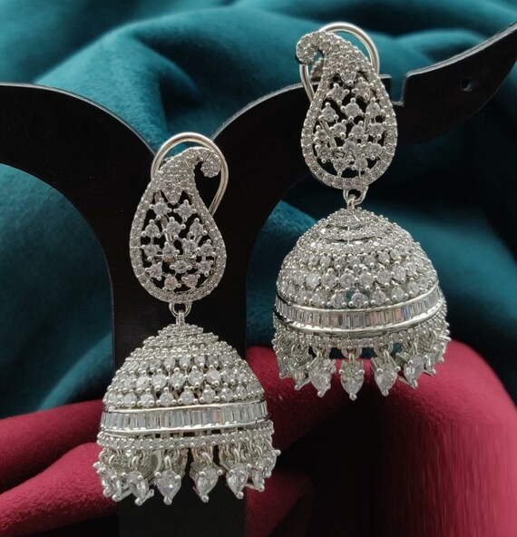 Bridal CZ Jhumka Earrings Cubic Zirconia Silver Jhumka Bridesmaid Wedding Jhumka Silver Bridal Jhumka Earrings AryaFashions
