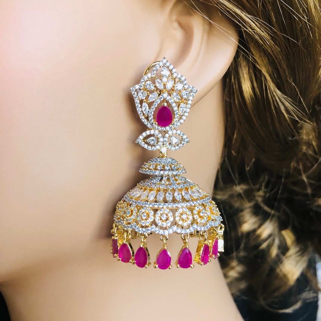 CZ Ruby Golden Cocktail Jhumka / Silver Mint Green CZ Jhumka Earrings ...