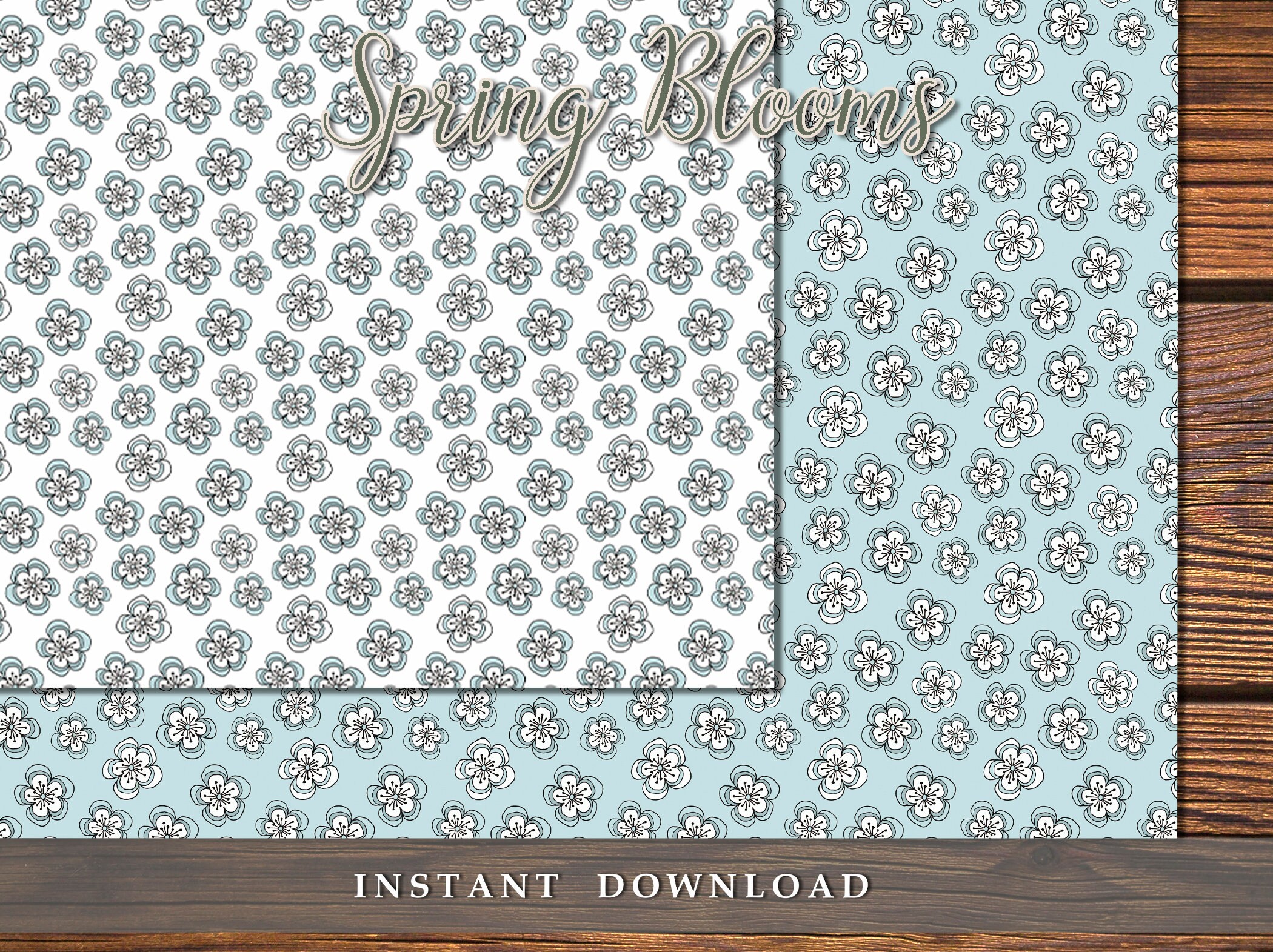 Blue Floral Printable Paper, Digital Scrapbook Paper Pack, Seamless ...